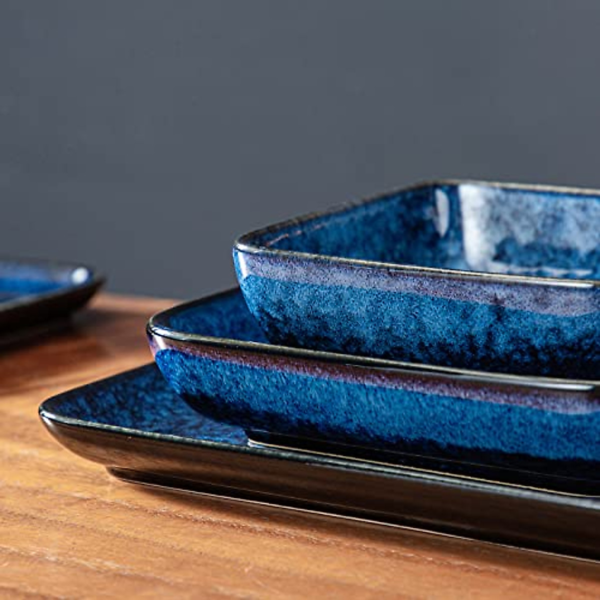 vancasso Stern Blue Dinner Set Square Reactive Glaze Tableware 16 Pieces Kitchen Dinnerware Stoneware Crockery Set with Dinner Plate, Dessert Plate, Bowl and Soup Plate Service for 4
