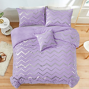 Menghomeus Purple/Silver Comforter Set Twin Lavender Metallic Print Glitter Bed Comforter Cute Shinny Christmas Bedding for Teen Girls Kids Women, 3 Piece (1 Pillowcase, 1 Decorative Pillow Sham)