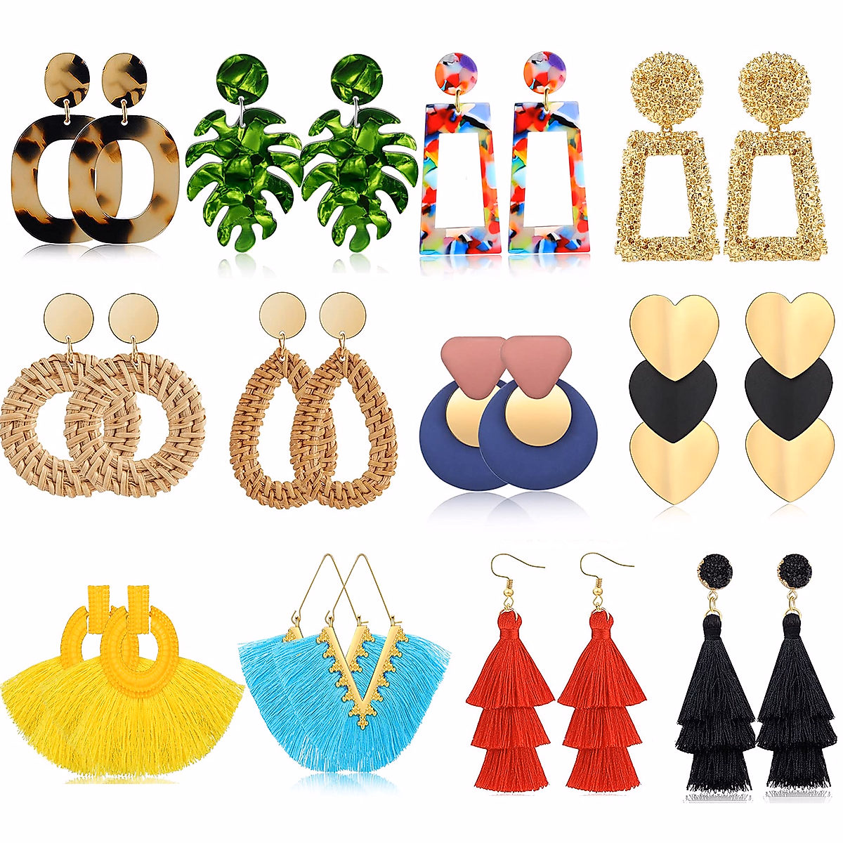 Honsny Boho Tassel Earrings for Women, Rattan Earrings Resin Acrylic Earrings Fashion Geometric Hoop Woven Bohemian Fun Earring Drop Dangle Statement Big Earrings Set