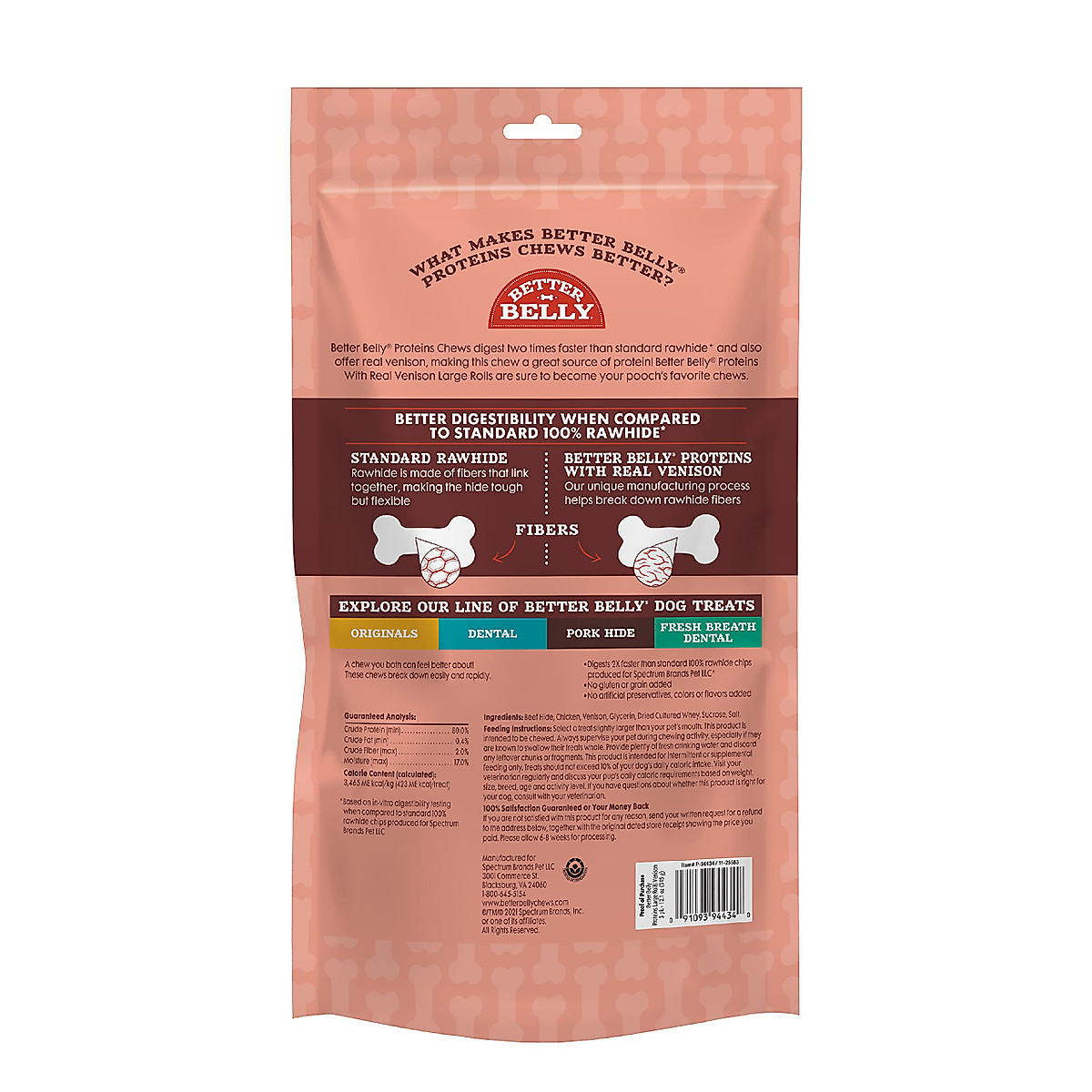 Better Belly Proteins with Real Venison Large Rolls 3 Count, Digestible Rawhide for Dogs, 12.1 Ounce (Pack of 1)