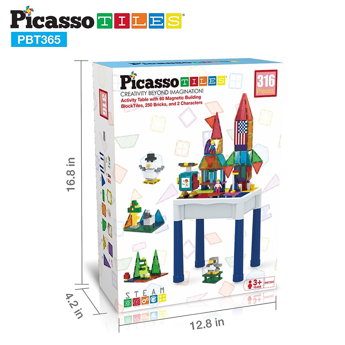 PicassoTiles 316 PCs Activity Table with Magnetic Tiles and Building Brick Blocks, Playset Table with Magnetic Action Figures & Storage Included, Can be Use as Water & Sand Tables STEM Toys Ages 3+