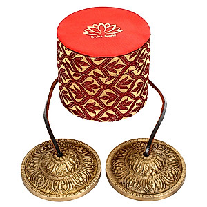 Divine Sound Tingsha Cymbals -Holy Buddha Lotus Symbol engraved Beautiful Gift Box for Meditation,Pray,Yoga,Sound healing, 7.6cm / 3" Nepal Tingsha Bell with Lather Strap Brass