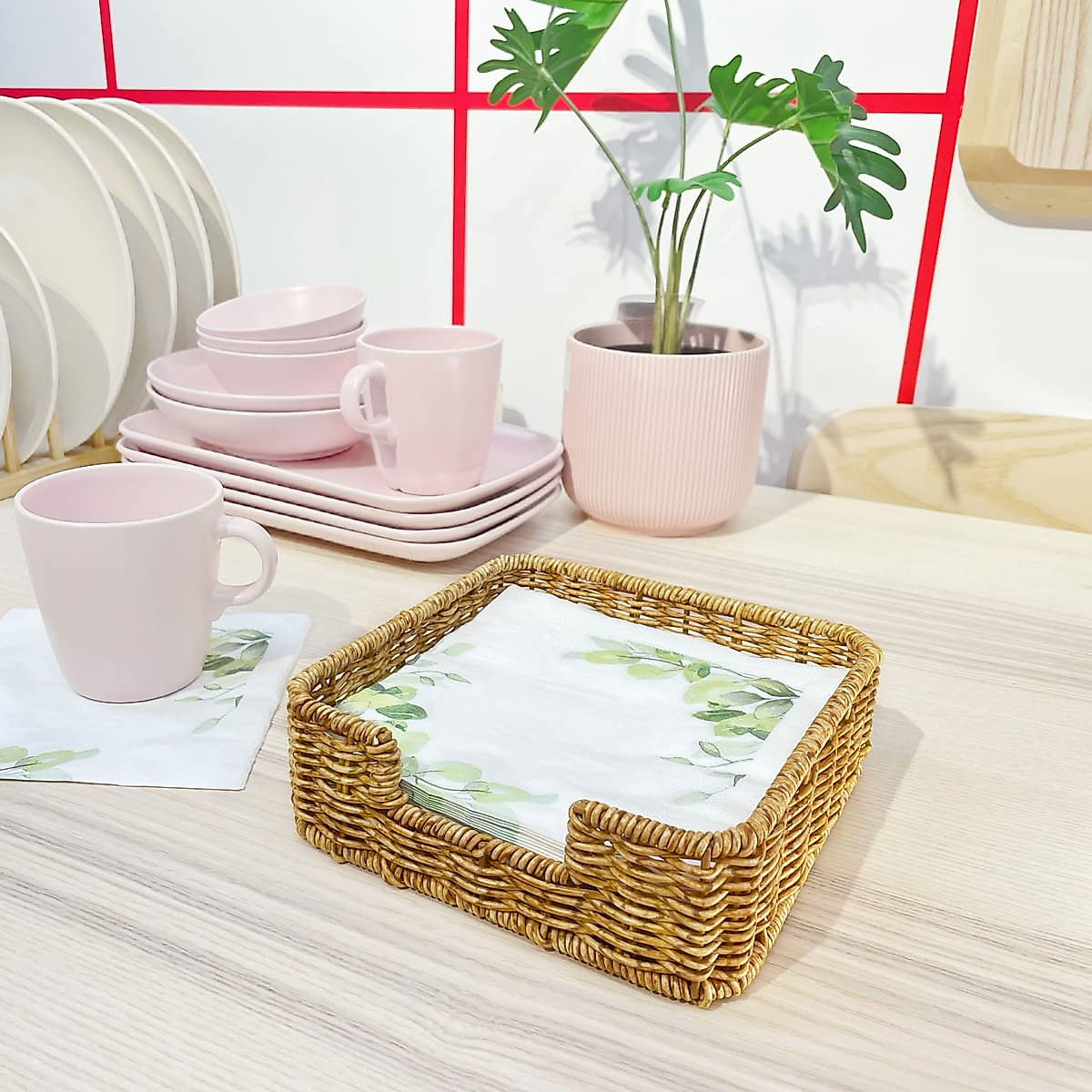 Aevtih Rattan Napkin Holder Woven Guest Towel Holder for Restaurant/Kitchen/Bathroom 7.3" x 7.3" x 2.4" (Dark Yellow)