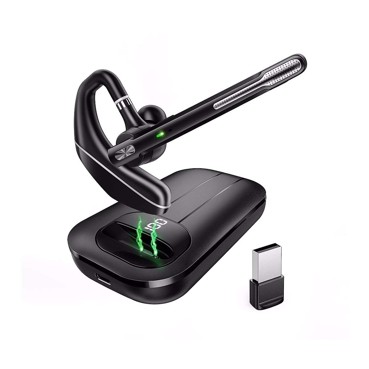 EKVANBEL Bluetooth Headset V5.3, Wireless Earpiece with 1000mAh Charging Case, 96H Talktime, Hands Free Noise Canceling Headphones with Dual-Mic for Computer Cell Phones Trucker Home Office Work