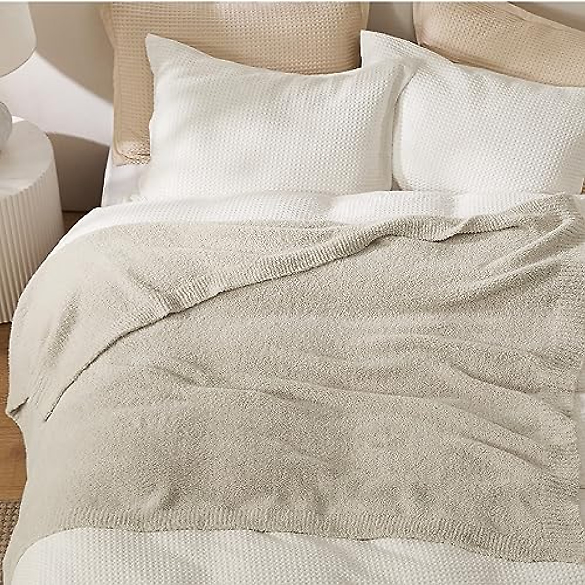 Bedsure Super Soft Knit Throw Blanket - Warm Cozy Reversible Beige Blanket, Fluffy Fuzzy Plush Lightweight Blanket for Couch Sofa Bed (50" x 60")