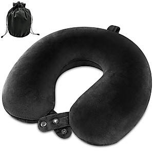 urnexttour Travel Neck Pillow Airplane, Soft Memory Foam Support Head Neck Chin, with Removale Cover and Adjustable Snap Button, Comfortable Sleeping in Plane Car Train Traveling Office Home, Black