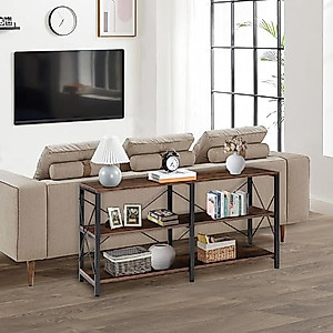 BETTAHOME 3-Tier Low Book Shelf, 55 Inch Wide Open Book Shelf, Industrial Wooden Bookcase for Home Office, Bedroom, Living Room, Rustic Brown and Black