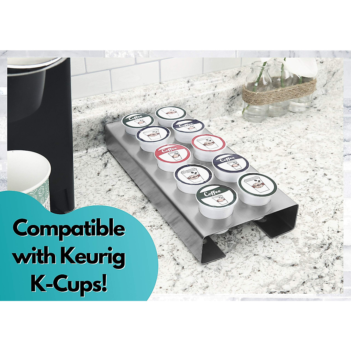 Polar Whale 2 Brushed Stainless Steel Coffee Pod Organizer Storage Tray Counter Stand or Wall Mount Compatible with Keurig K-Cup KCup for Kitchen Home Office Waterproof 12 x 5.25 Inches Each Holds 10