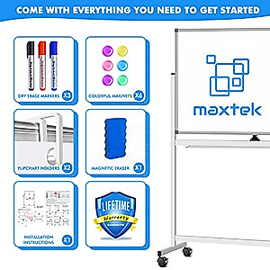 Large Rolling White Board, 48 x 32 inches Double-Sided Mobile Whiteboard, maxtek Reversible Magnetic Dry Erase Board Easel Standing Whiteboard on Wheels for Home Office Classroom, Silver