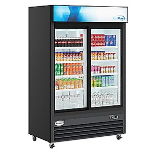 KoolMore MDR-2D-GSLD Commercial Glass 2 Door Display Refrigerator Merchandiser - Upright Beverage Cooler with LED Lighting - 45 Cu. Ft., Black