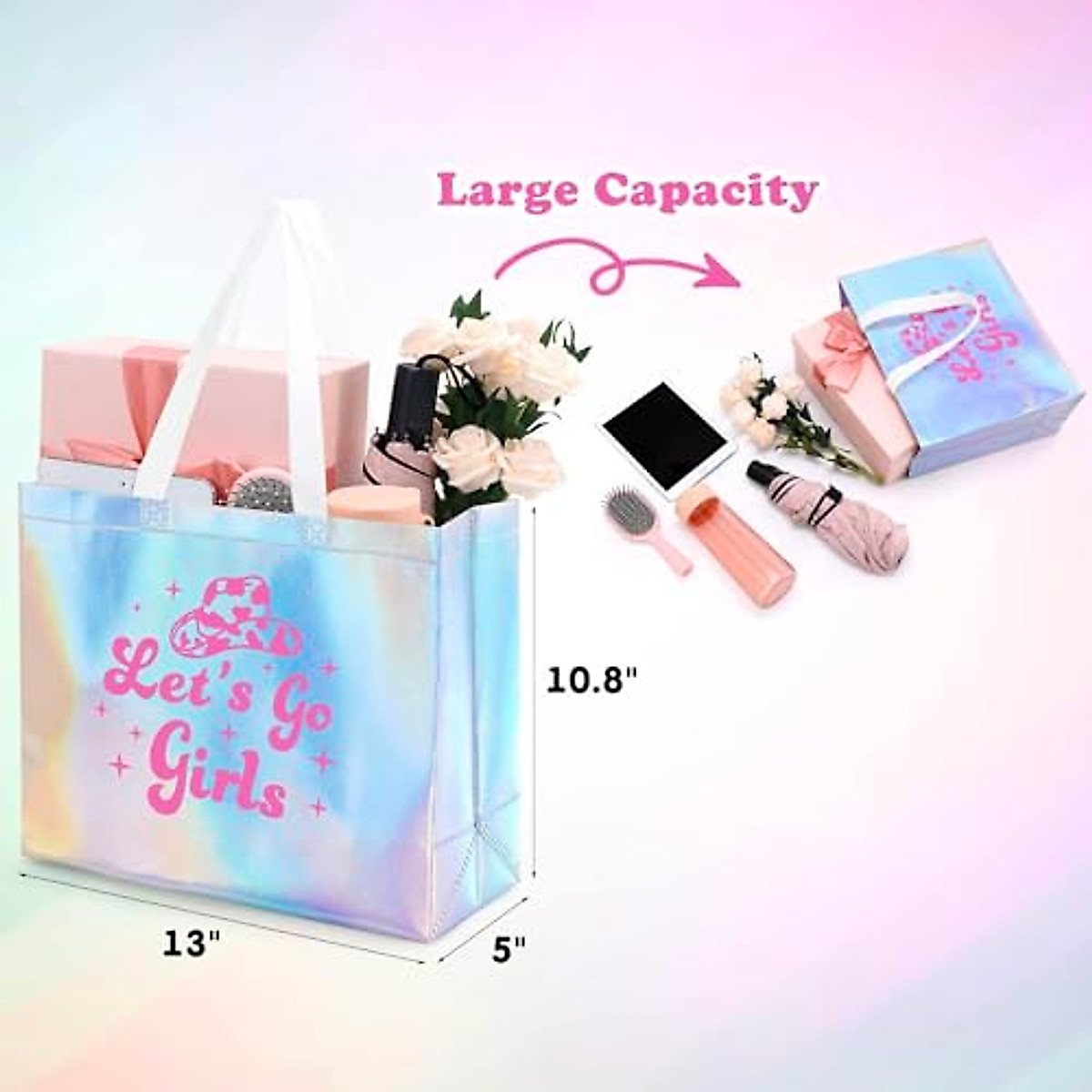 ICoDeesse 8 Pcs Let’s Go Girls Bachelorette Iridescent Tote Bags Reusable Holographic Bridesmaid Gift Bag With White Handles Retro Disco Cowgirl Party Accessories Western Cowgirl Theme Party Favors