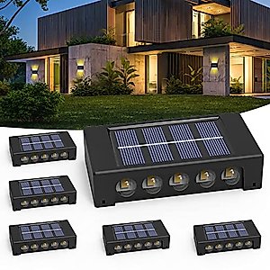 HIXVITA Solar Outdoor Lights, 6 Pack 10 LED Solar Fence Lights, Waterproof Dusk to Dawn Outdoor Lighting for Wall, Deck, Step, Garden, Warm White Light