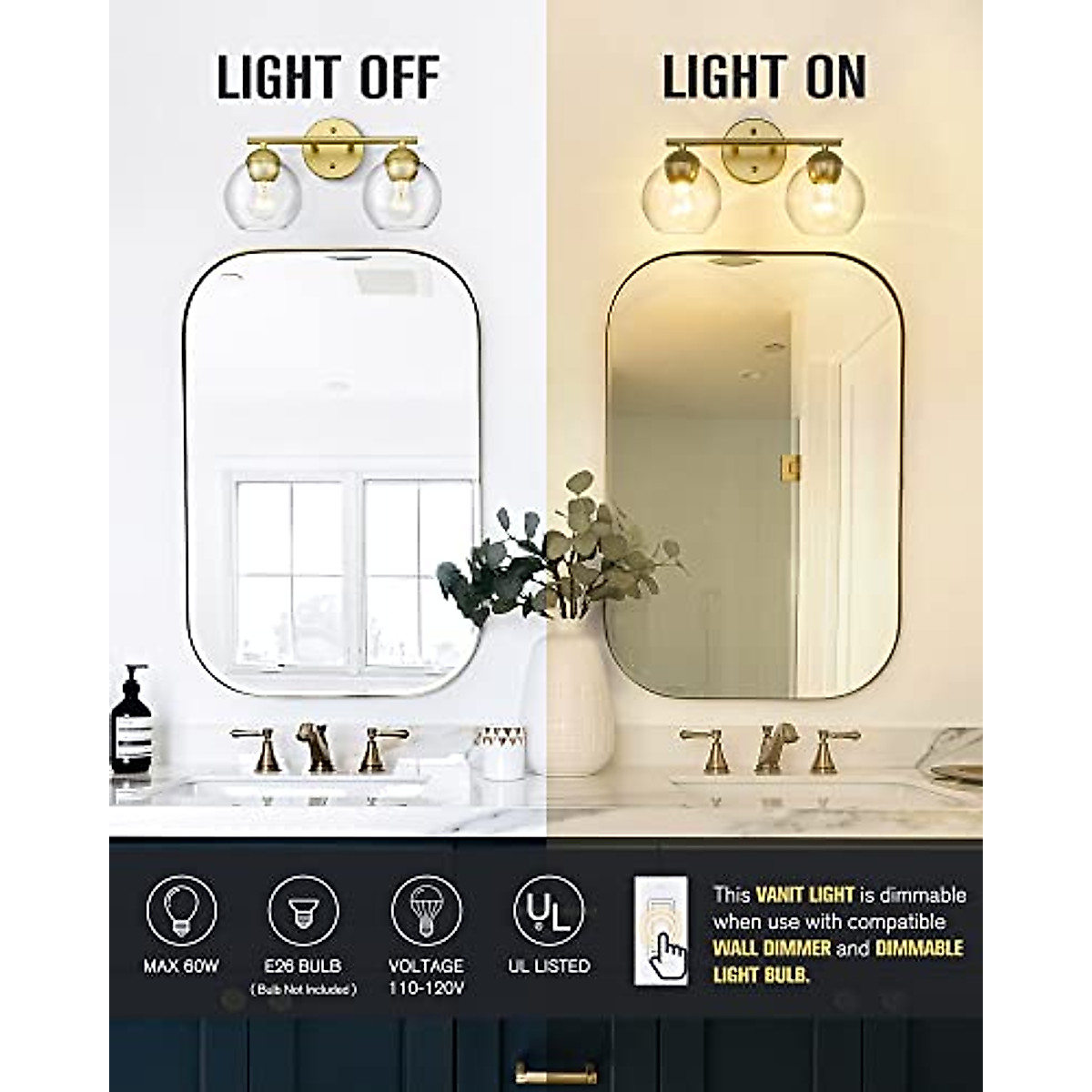 Emak 2-Light Gold Bathroom Light Fixtures Over Mirror, Globe Bathroom Vanity Light with Clear Glass Shades and Gold Finish, VL114-GD-2