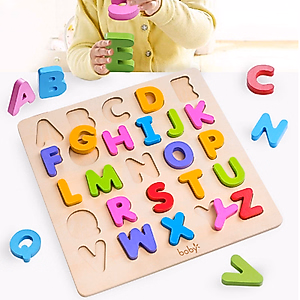 Wooden Alphabet Puzzle Toys, ABC Letter & Number Puzzle for Toddlers 18+ Months Old, Preschool Learning Toys for Kids, Educational Name Puzzle Gift for Boys and Girls (Alphabet Puzzle)