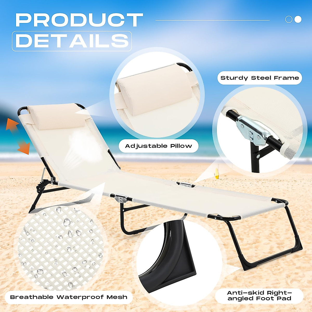 Suzile 2 Pack Folding Chaise Lounge Chairs Outdoor Adjustable Beach Tanning Chair with 5 Position Reclining Back Detachable Pillow Breathable Mesh Sun Lounger for Beach Pool Yard Camping(Beige)