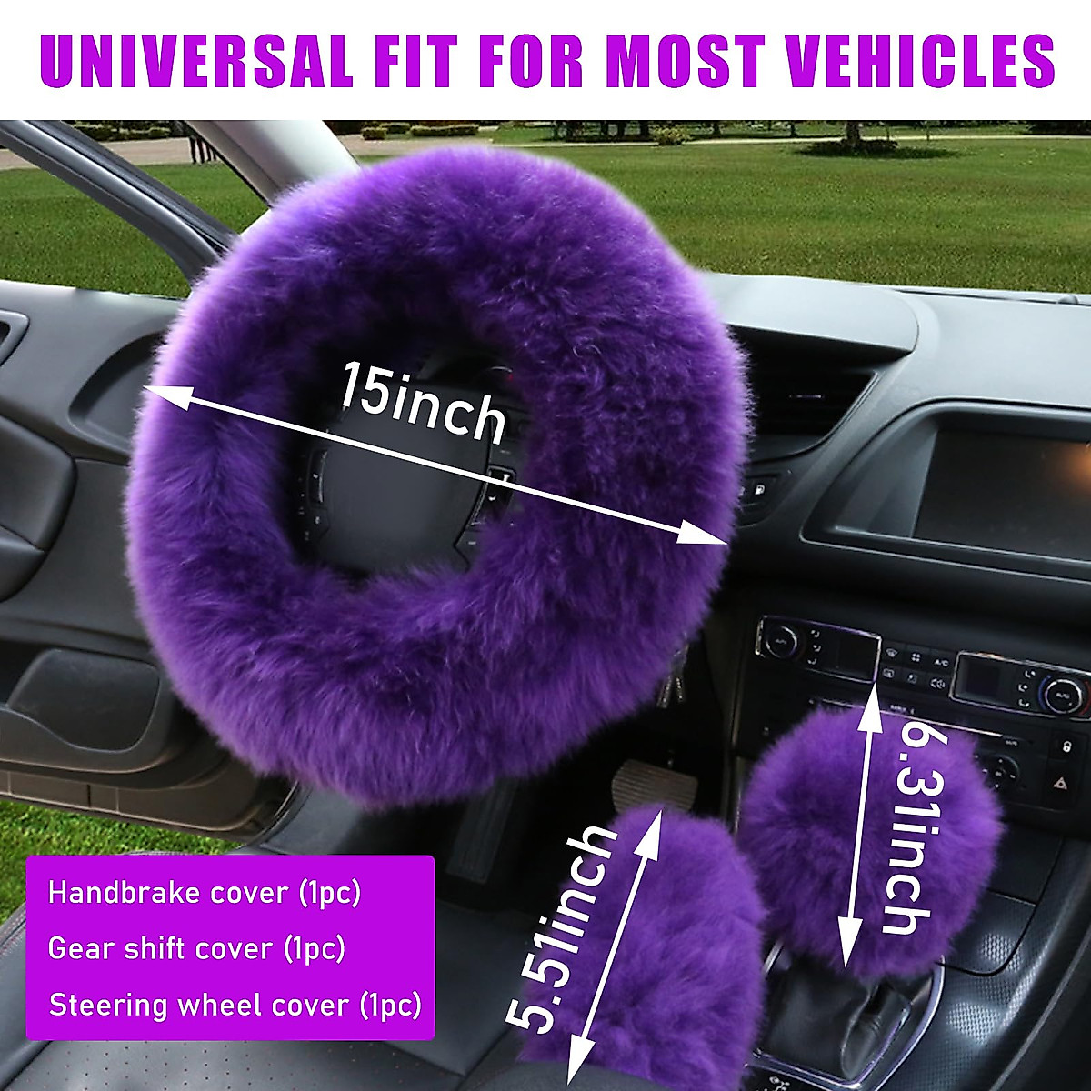 Ziciner 3PCS Wool Steering Wheel Cover with Fuzzy Handbrake Cover & Gear Shift Cover, Universal 15 Inch Steering Wheel Fluffy Soft Protector, Comforting Warm Car Decoration for Women Men (Purple)