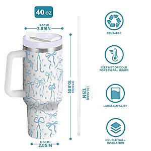 Bseiialft 40 oz Tumbler with Handle Blue Bows Heart Star Water Bottle with Lid and Straw Vacuum Insulated Cup Stainless Steel Travel Coffee Mug for Home Office Car