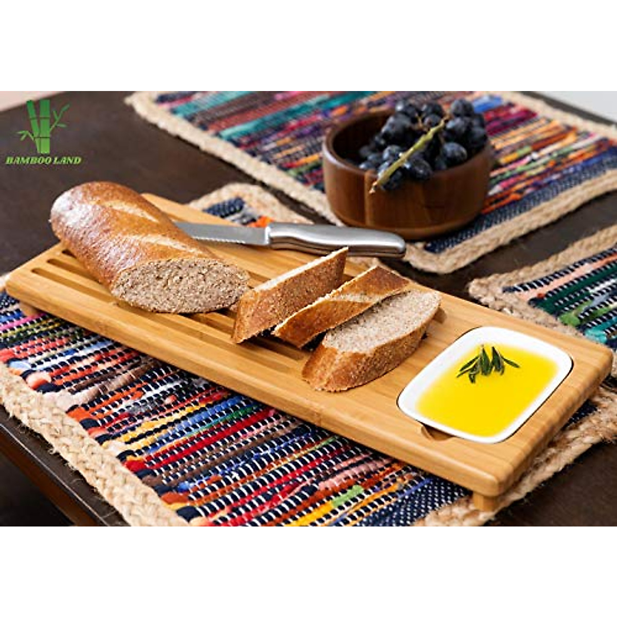 Bamboo Land- Bamboo Sweep Off Baguette Board with Bread Crumb Catcher and Ceramic Dipping Dish, 18” x 7”, Bread Cutting Board with Crumb Catcher, Board for Cutting Bread, Bread Cutter Knife