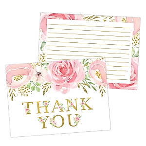 Pink and Gold Floral Thank You Cards, Great for Baby Wedding Bridal Shower, Birthday, Baptism, Any Occasion, 50 Thank You Cards and Envelopes