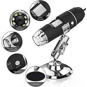 Grewtech USB Digital Microscope 1600x 8 LED Magnification Endoscope Camera with Metal Stand Compatible with Windows, Android and Mac