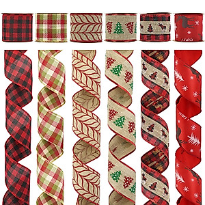 MEEDEE Burlap Wired Ribbon 2.5 Inch 6 Rolls 36 Yards Buffalo Plaid Ribbon for Wreaths, Tree Decorations, Ribbon Garland