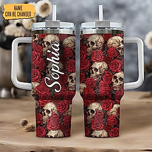 Hyturtle Personalized Gothic Skull Tumbler - Sunflower Gifts For Skeleton Lover - Horror Lover Gift - Gift For Women On Halloween - Skull Lover Gift - Custom Travel Coffee Cup 40oz With Lid And Straw