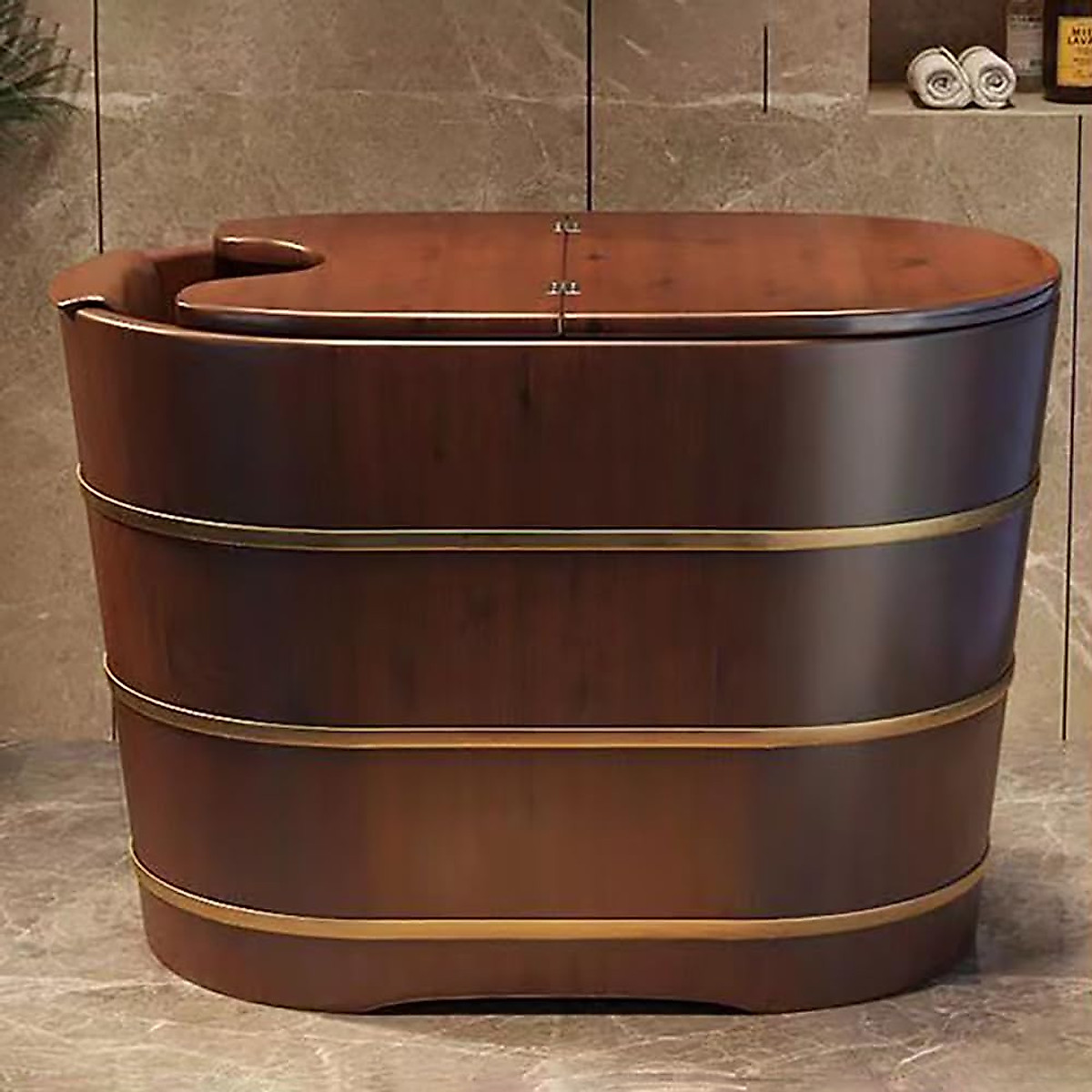 MegLob Free Standing Cedar Wood Bathtub, Luxurious Wooden Deep Soaking Tub Alone Stand Kit, Soaking SPA Tub Classic Stand with Insulation Cover, Oval Shape Solid Wood Bathtub Lit,100cm/39.37"