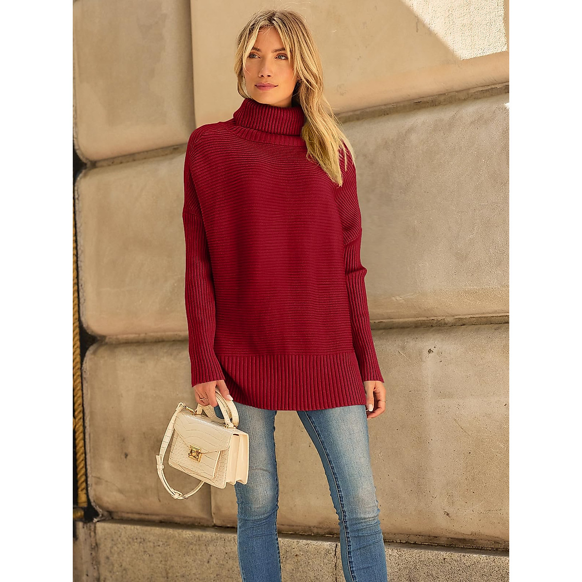 LILLUSORY Women's Christmas Red Turtleneck Oversized Holiday Tunic Fall Winter Sweaters Dress 2024 Batwing Pullover Knit Tops