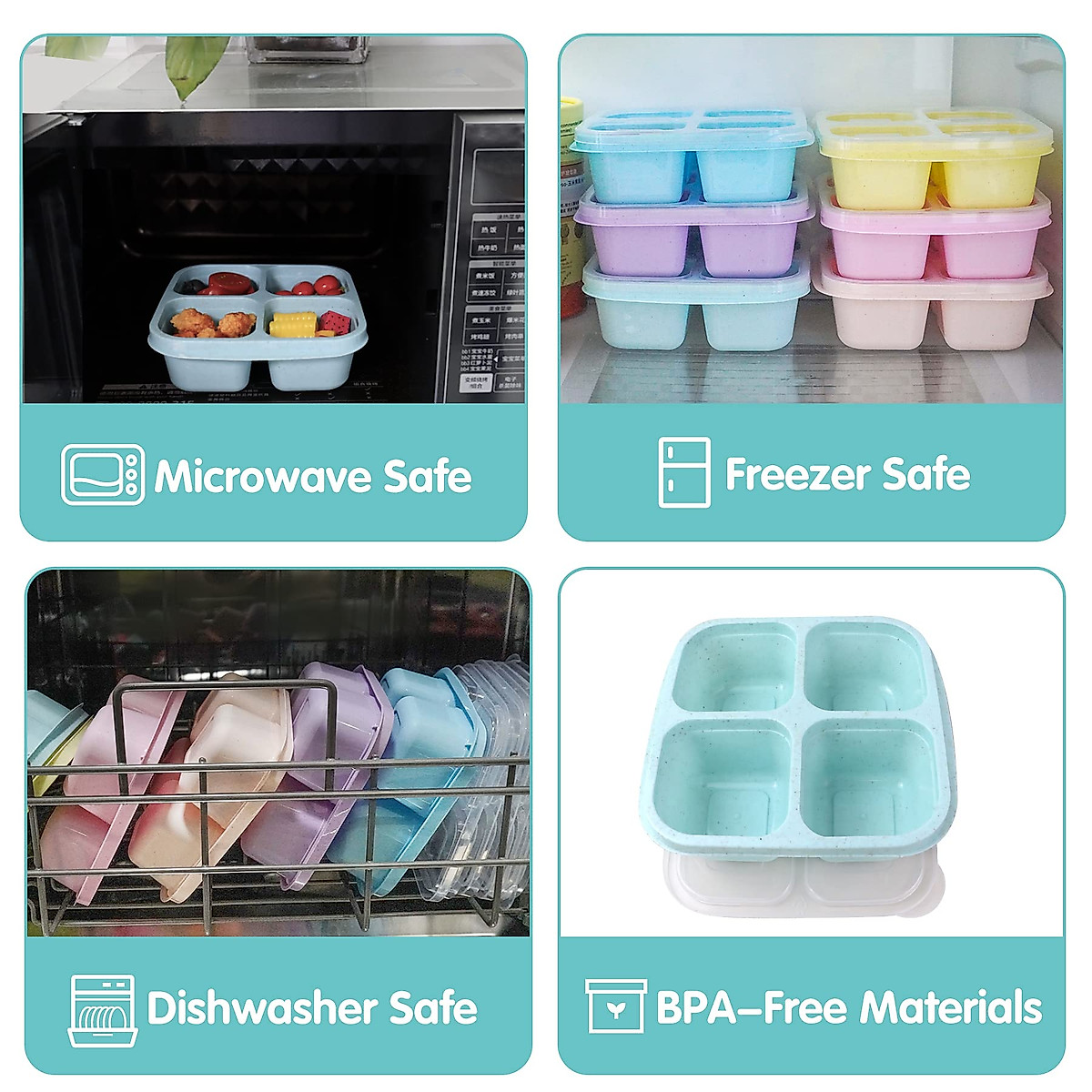 Finorder 6 Pack Snack Containers Kid, Wheat Straw Fiber 4 Compartment Reusable Bento Lunch Box, Meal Prep Lunch Containers for Kids Adults, Food Containers for School, Office and Travel