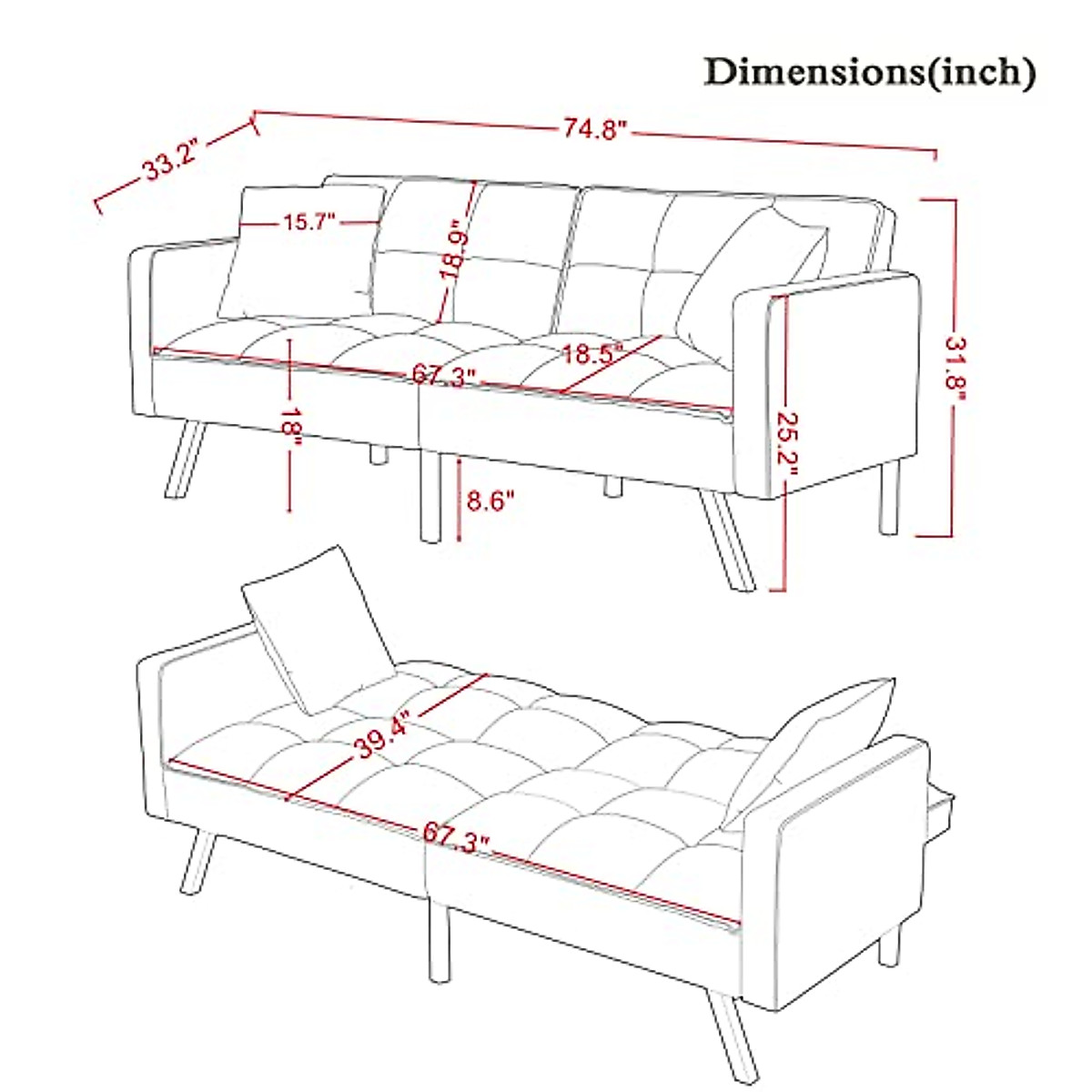Velvet Futon Sofa Bed with Two Pillows, Convertible Sleeper Sofa Couch with 3 Angle Adjustable Backrest, Modern Loveseat with 6 Metal Legs for Living Room, Bedroom (Blue)