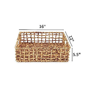 YRMT Water Hyacinth Storage Basket Wicker Baskets for Organizing Hollow Woven Basket with Built-in Handles for Shelves/Pantry 16" x 12" x 5.5" Natural