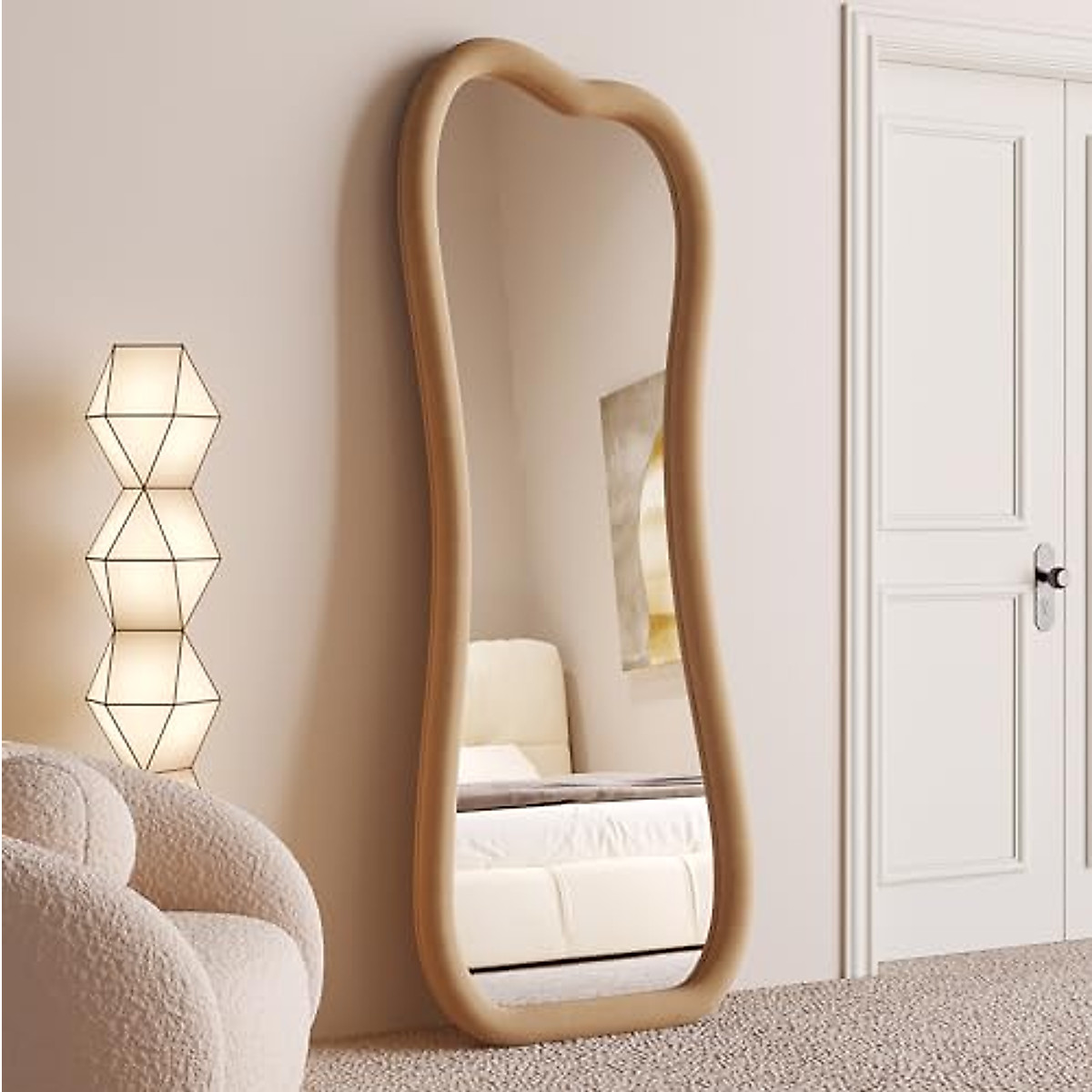 BOJOY Full Length Mirror, 63" x 24" Wall Mirror, Flannel Wrapped Wooden Frame Floor Mirror, Irregular Wavy Mirror Hanging or Leaning Against Wall for Cloakroom/Bedroom/Living Room, Milk Tea