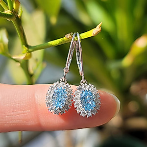 DovEggs Moissanite Earrings Center 2ct 5x7mm Blue Color Oval Special Quality Crushed Ice Cut CZ Simulated Diamond Halo Moissanite Leverback Drop Hoop Earring Earrings for Women Sterling Silver