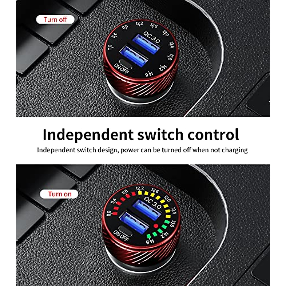 KEWIG Fast Car Charger, Dual QC3.0 Port USB Car Charger, 36W Quick Charge Car Phone Charger Adapter with Colorful Voltmeter & ON/Off Switch Fit for iPhone 13/12/11 Pro/Max/8, Galaxy S21/20 (Red)