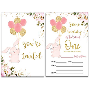 Soiceu Bunny 1st Birthday Party Invitations with Envelopes Set of 20 Pink Floral Bunny First Birthday Party Invites Fill in Blank