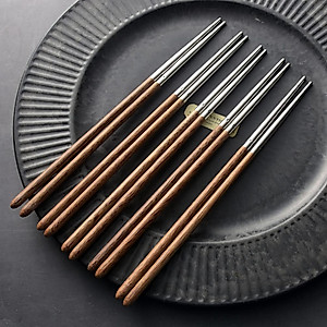 Hemoton Metal Chopsticks 5 Pairs Sushi Chopsticks Sashimi Chopsticks Stainless Steel Japanese Chopsticks with Wood Handle Chef Traditional Garnishing Plating Tweezers Gifts Sets