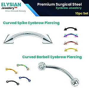 ELYSIAN 10Pcs tainless Steel Rook Daith Earrings Belly Lip Ring Eyebrow Studs Cartilage Tragus Cubic Zirconia Barbell Body Piercing 8mm (5/16''), Blue, Black, Green, Gold, Pink, Purple, Silver