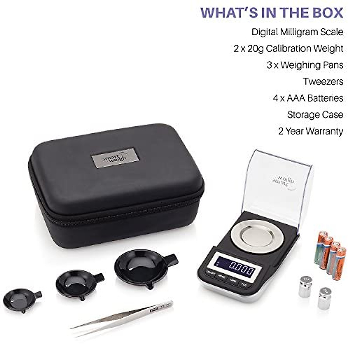 Smart Weigh 50g x 0.001 Grams, Premium High Precision Digital Milligram Scale, Includes Tweezers, Calibration Weights ,Three Weighing Pans and Case