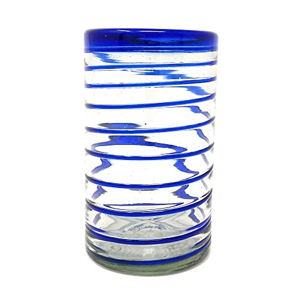 Hand Blown Mexican Drinking Glasses – Set of 6 Glasses with Cobalt Blue Spiral Design (14 oz each)