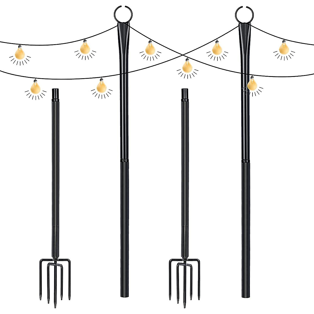 Outdoor String Light Pole, Heavy Duty Light Poles for Outside with Hooks and 4-Prong Fork, Metal Post for Hanging String Lights for Deck, Patio Garden, Backyard, Wedding or Party, 2 Pack