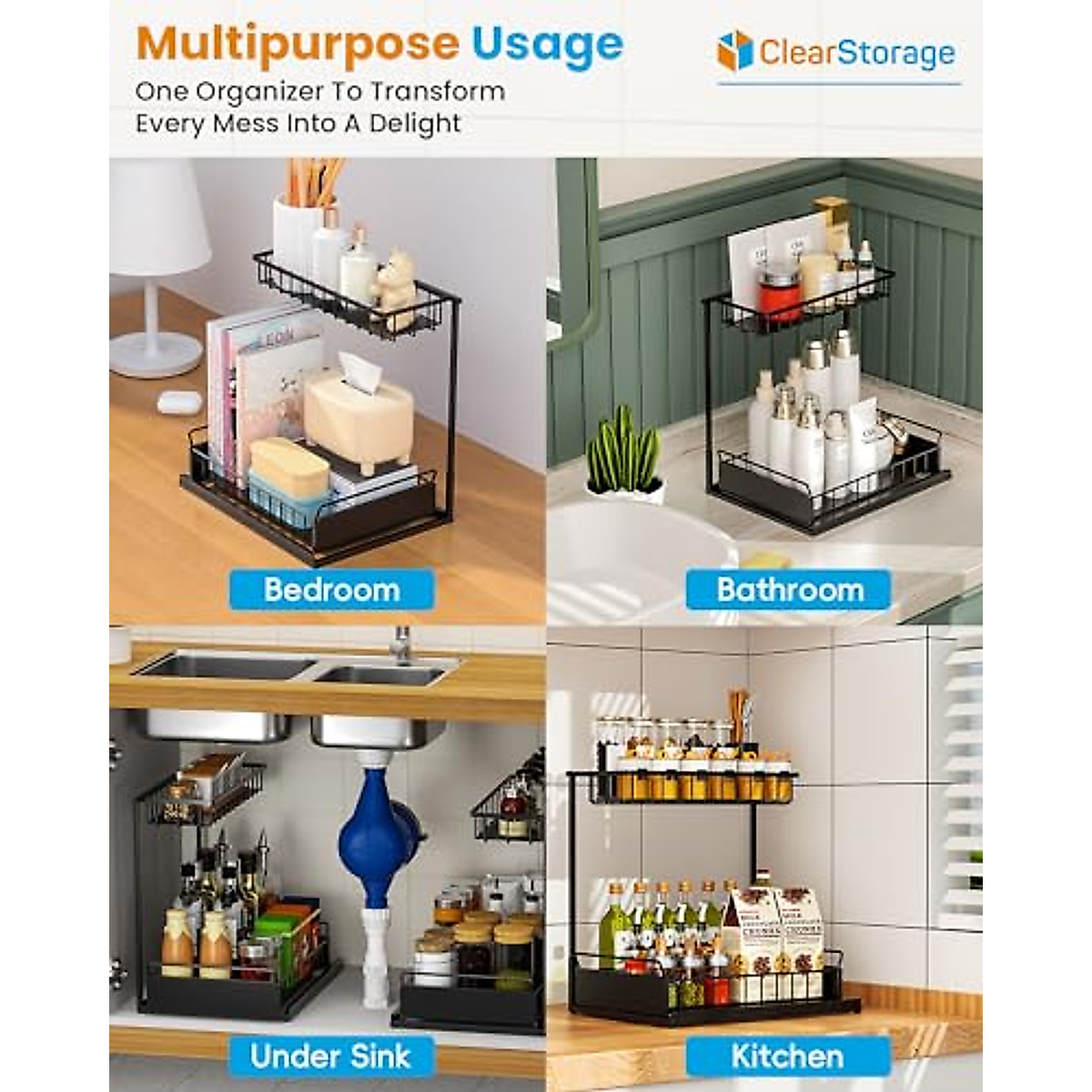 ClearStorage Under Sink Organizers and Storage, 2 Tier Under Sink Organizer Pull Out Sliding Under Bathroom Cabinet Organizer with Non-Slip Feet for Kitchen Cabinet bathroom sink Organizer (BLACK)