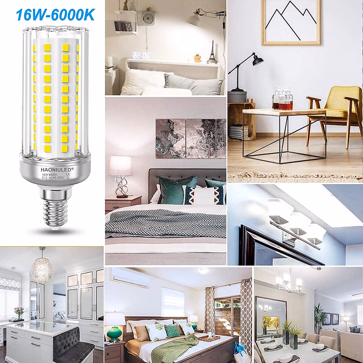 HAONIULED LED Light Bulb E12 Base 16W LED Candelabra Bulb 150 Watt Equivalent, Cool White 6000K 1900 Lumen Non-Dimmable Suitable for Home Indoor attic Corridor Garage Pack of 2