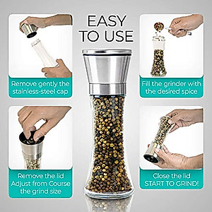Salt and Pepper Grinder Set Of 2 - Adjustable Ceramic Coarseness, Stainless Steel, Glass Refillable Salt and Pepper Shakers & Mills For Spice, Black Peppercorn, Salt W/Wooden Spoon & Cleaning Brush
