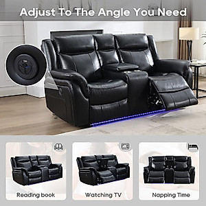 Power Loveseat Recliner Couch with console, Faux Leather Reclining Dual Recliners with LED Lights, Comfort Stretch Love Seat Recliner Sofa, Movie RV Theater Seating Chairs for Living Room, Home, Black