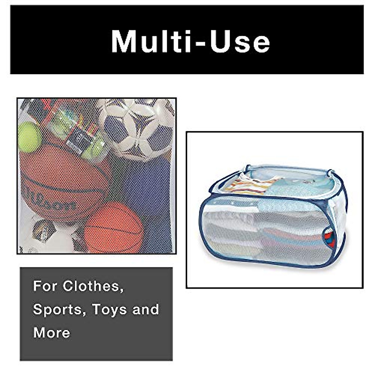 Smart Design Deluxe Collapsible Laundry Baskets – Holds Up to 3 Loads, White/Blue – Pop-Up Laundry Hamper Stands or Lays for Easy Organization and Storage – Laundry Basket Made with Breathable Mesh
