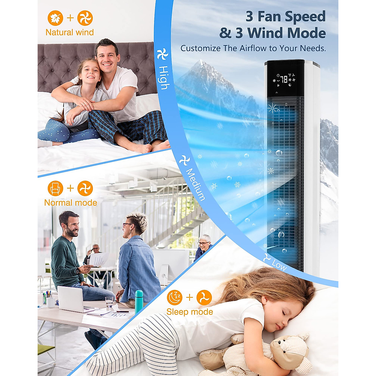 Sunday Living Evaporative Air Cooler, 42 Inch Tower Fan w/Cooling & Humidification, Swamp Fan with Remote Control, 1.3 Gallon Water Tank, 3 Speed & 3 Mode Setting, 12 Hour Timer