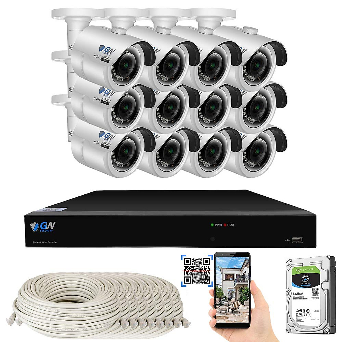 GW Security Smart AI 16 Channel H.265 PoE NVR Ultra-HD 4K (3840x2160) Security Camera System with 12 x 4K (8MP) 2160P Face Recognition/Human/Vehicle Detection Outdoor Indoor Surveillance IP Camera