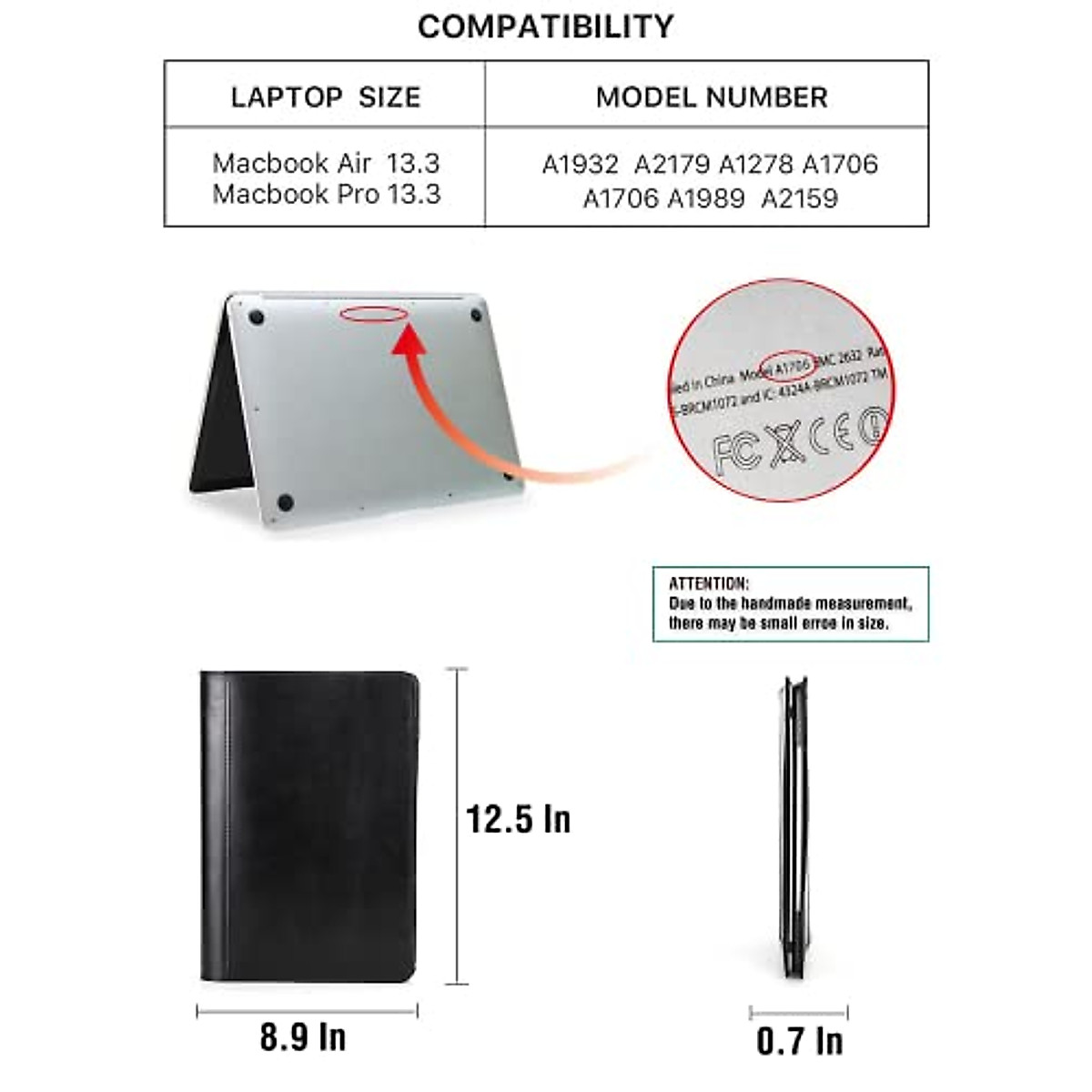 CataPurus Top Grain Leather 13.3" Slim Laptop Folio Case Protector, Vintage Open Style, Fully Handmade, Compatible with MacBook Pro 13.3" MacBook Air M1/M2 ZENBOOK 13.3" & Other PC, Black 13.3 Inch