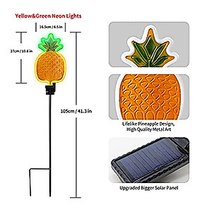Solar Pineapple Neon Light - Set of 2 Metal Garden Stake Lights 42 inch Path Lighting for Christmas Yard Lawn Patio Walkway Decor