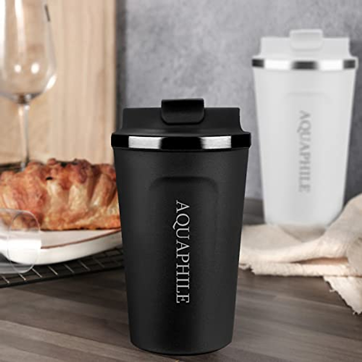 AQUAPHILE Reusable Coffee Cup, Coffee Travel Mug with Leak-proof Lid, Thermal Mug Double Walled Insulated Cup, Stainless Steel Portable Coffee Tumbler, for Hot and Cold Drinks(Black, 17 oz)